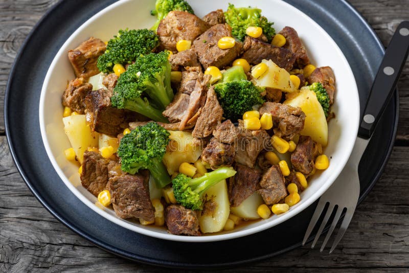 Beef Steak Broccoli Potato Corn Stew in Bowl Stock Illustration ...