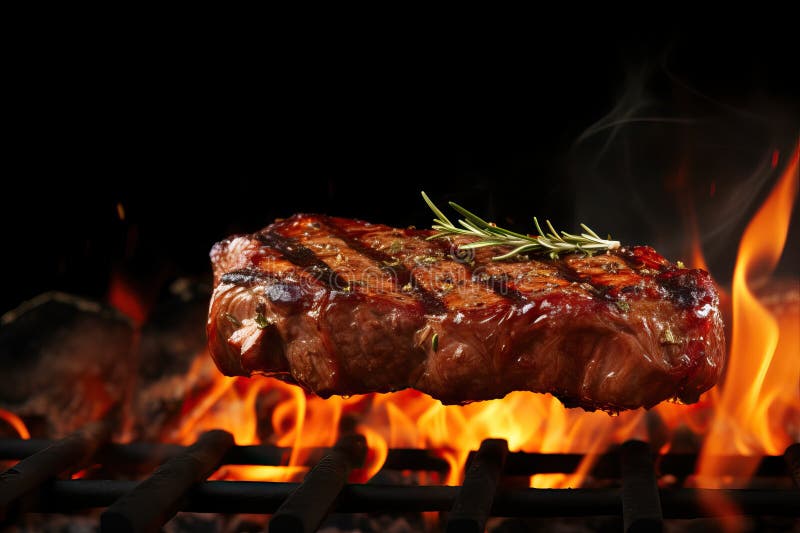 Beef Steak Falling on the Grill with Fire. Brazilian Barbecue Stock ...