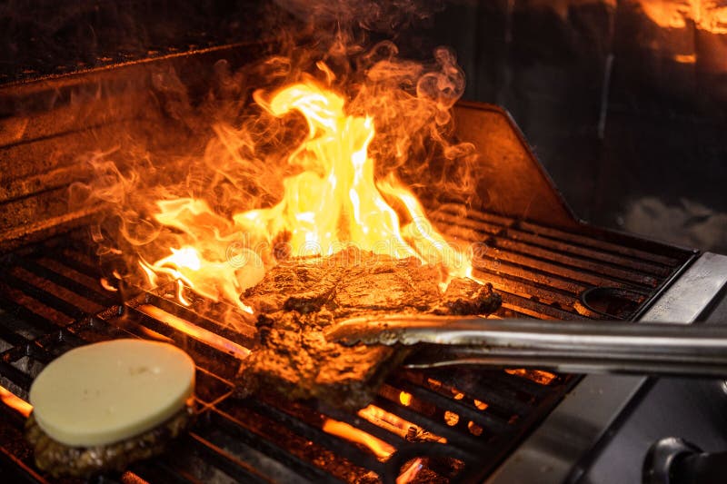 Beef Steak on the Grill with Flames Stock Image - Image of summer ...