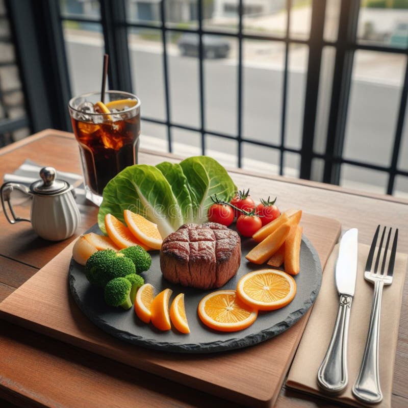 Beef Steak Served in a Flat Plate Placed on a Wooden Table 6 Stock ...