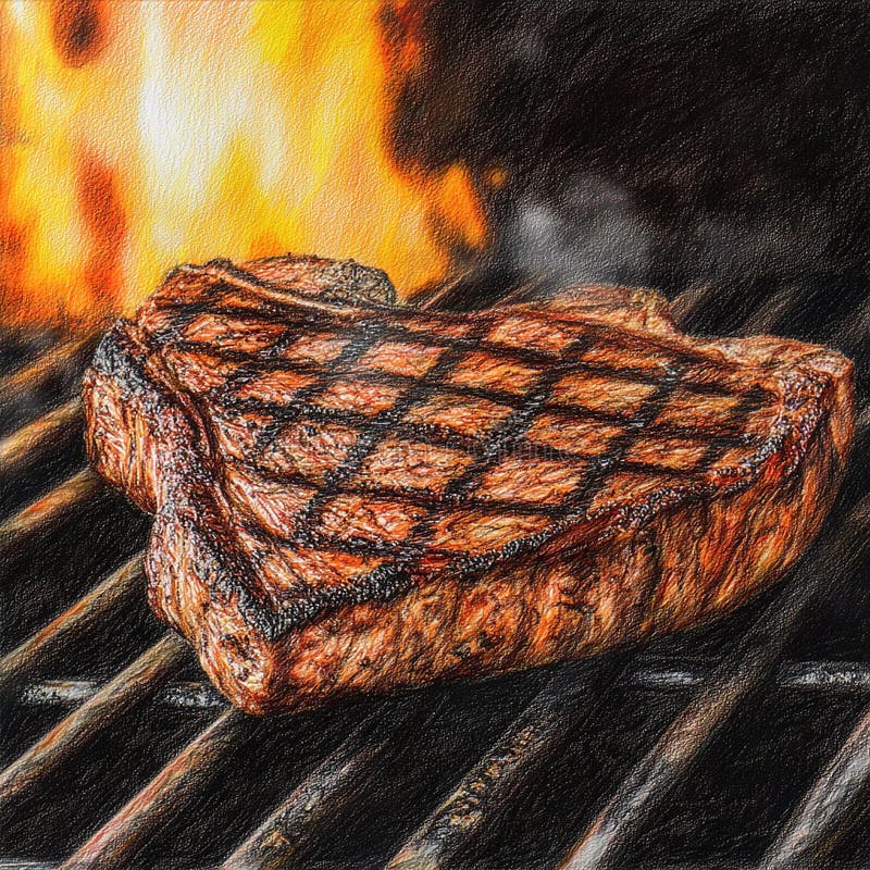 Big Juicy Beef Steak on the Grill Barbecue Sketch, Drawing Stock ...