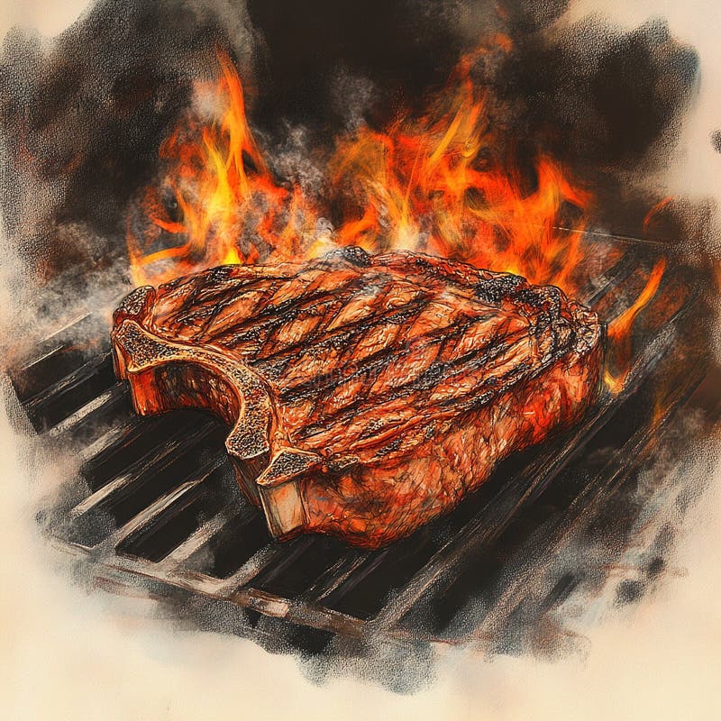 Big Juicy Beef Steak on the Grill Barbecue Sketch, Drawing Stock ...
