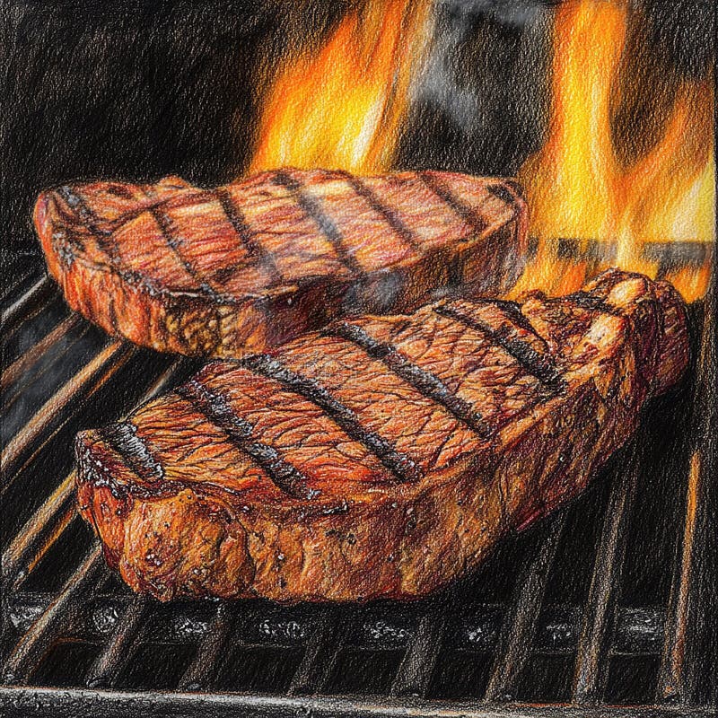 Big Juicy Beef Steak on the Grill Barbecue Sketch, Drawing Stock ...