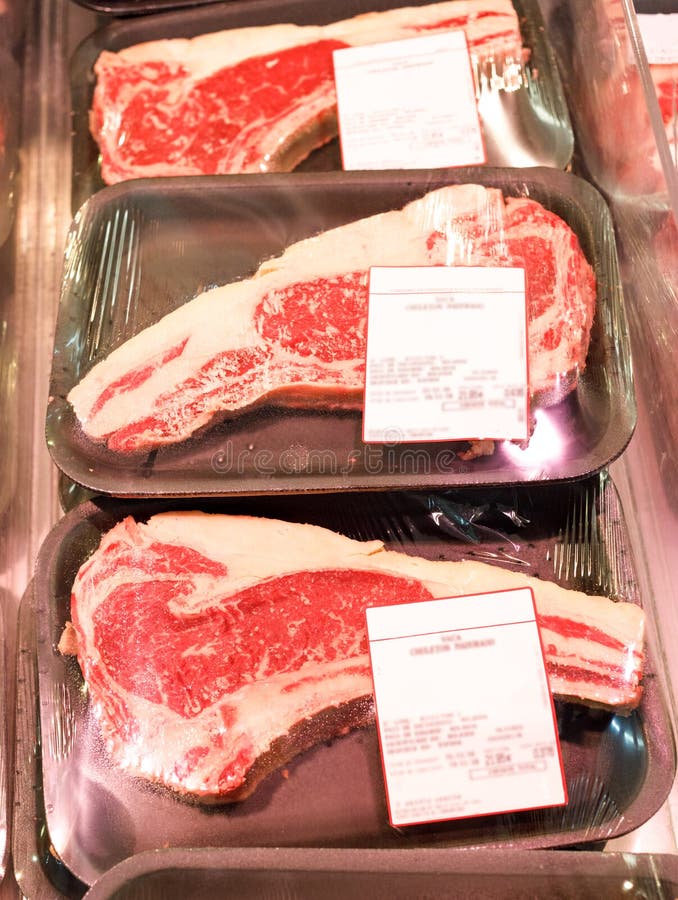 Beef Steak on Supermarket Counter Stock Photo - Image of packaging ...