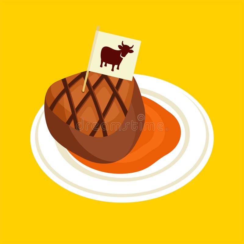 Grilled Beef Steak On White Plate Flat Style Vector Illustration Stock Vector Illustration