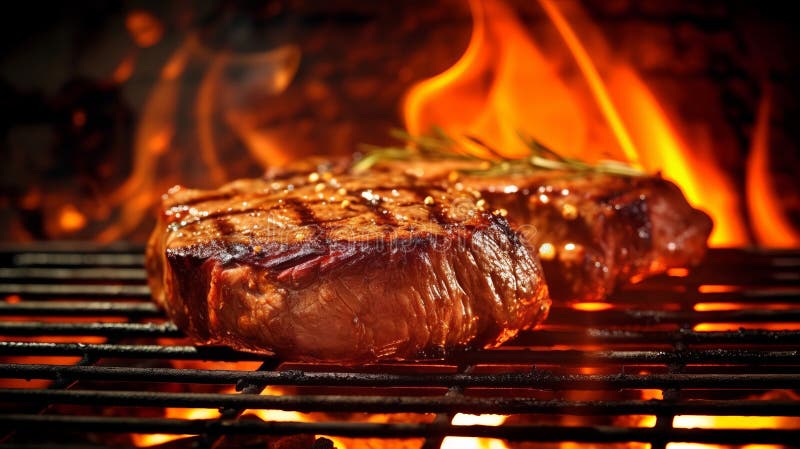 Beef Steaks on a Grill with Fire Around. Generative AI Stock ...