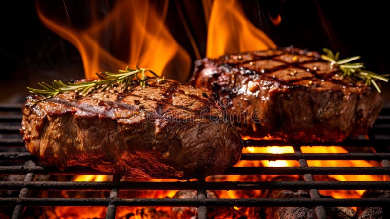 Beef Steaks on a Grill with Fire Around. Generative AI Stock ...