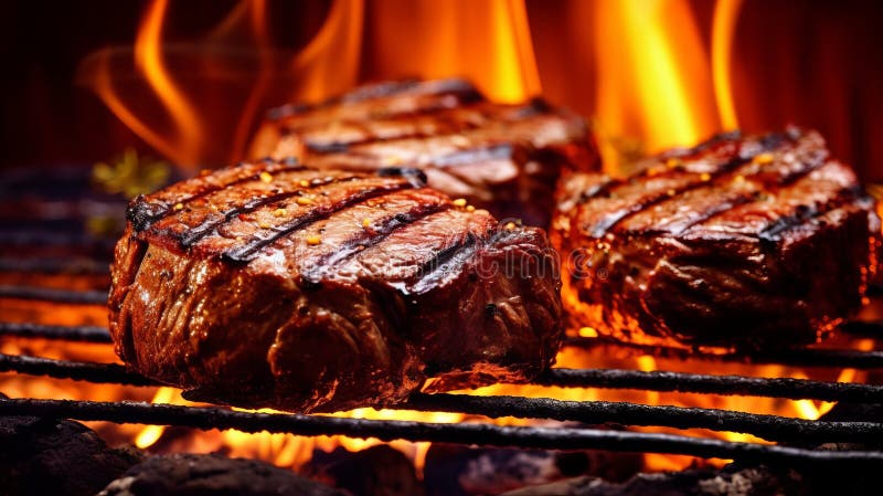 Beef Steaks on a Grill with Fire Around. Generative AI Stock ...