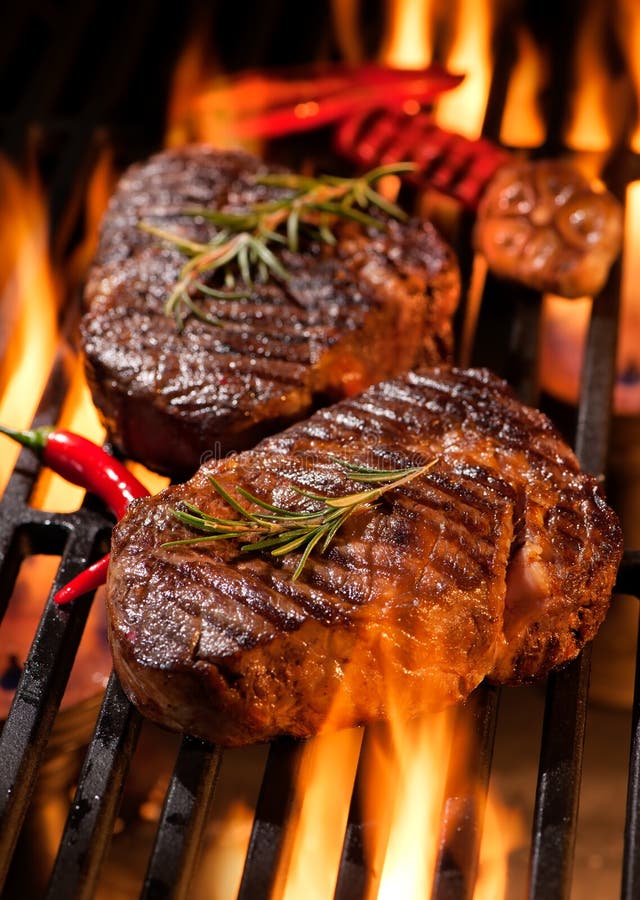 Beef steaks on the grill stock image. Image of camping - 67556775