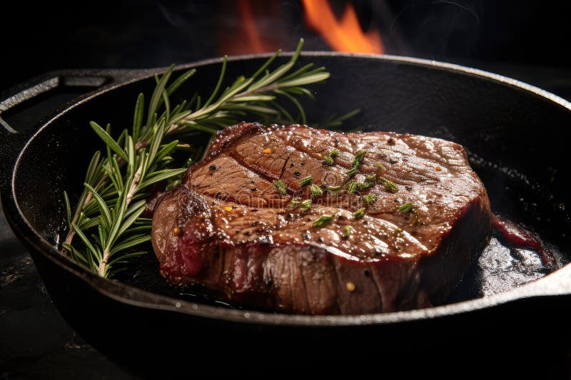 Beef Steaks Grilled with Spices on a Black Pan Stock Illustration ...