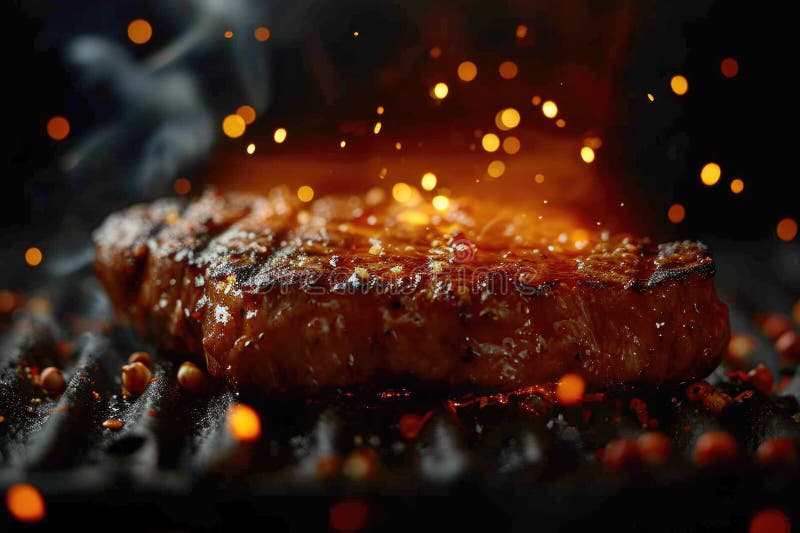 Beef Steaks Sizzling on the Grill in Flames on a Black Background Stock ...