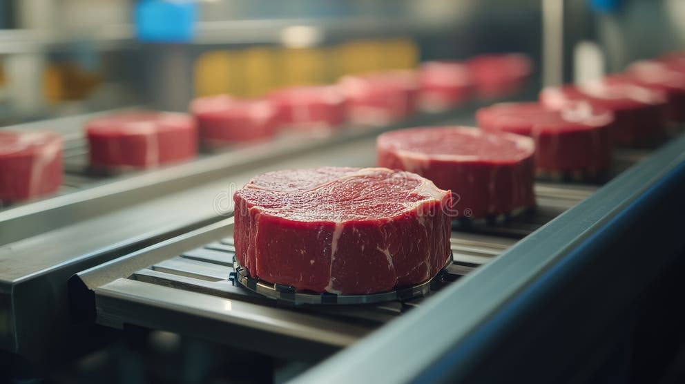 Beef Steaks are Transported on a Conveyor Belt within a Meat Processing ...