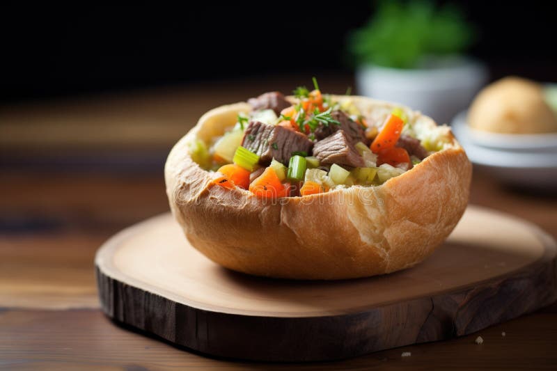 Beef Stew in a Bread Bowl on a Rustic Wood Table Stock Photo - Image of ...
