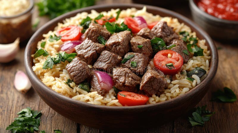 Beef Stew with Brown Rice and Tomatoes in Rustic Bowl Stock Image ...