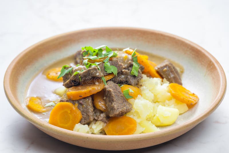 Beef Stew with Carrot and Mashed Potatoes Stock Photo - Image of potato ...