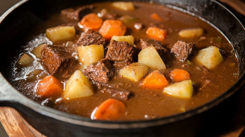 Beef Stew in Cast Iron Skillet, Rustic Kitchen Setting Stock Image ...