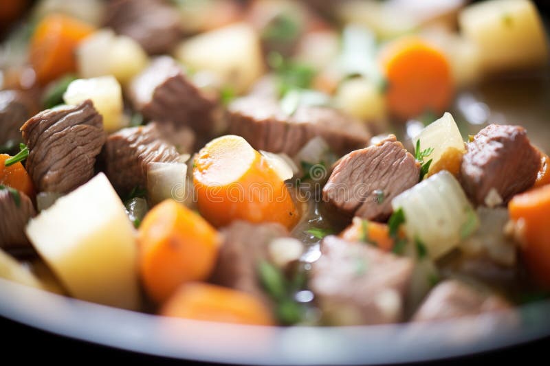 Beef Stew Close-up, Focus on Shiny Beef Texture Stock Photo - Image of ...