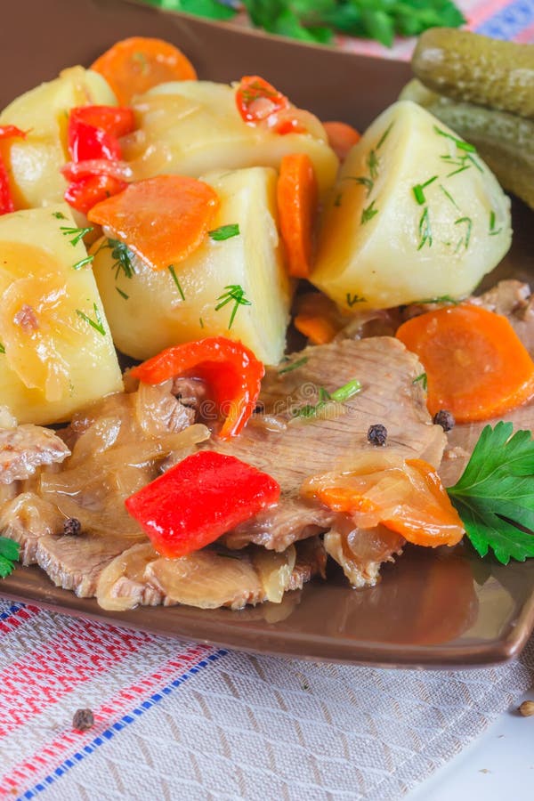 Beef Stew in a Plate , Top View, Close Up Stock Image - Image of potato ...