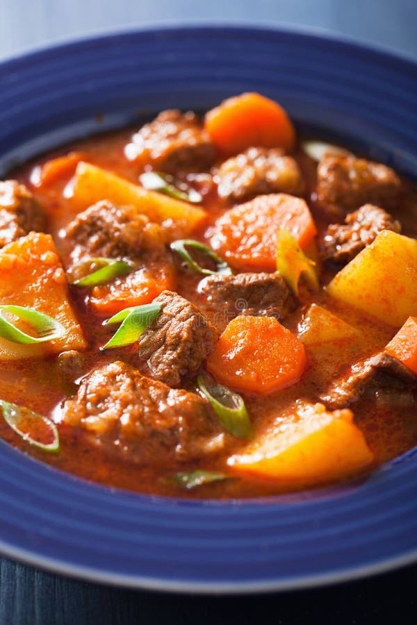 Beef Stew with Potato and Carrot in Blue Plate Stock Image - Image of ...