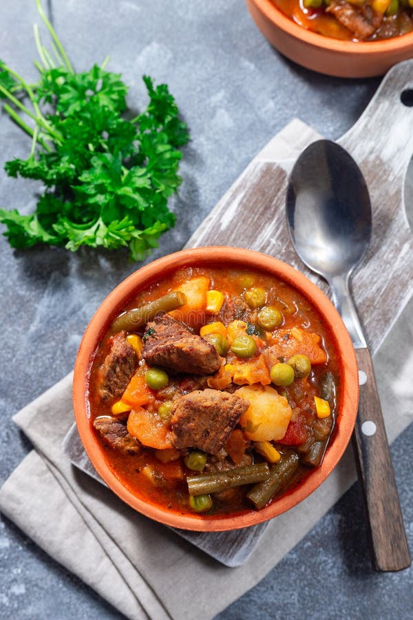 Beef Stew with Potato, Green Beans, Carrot, Peas and Corn, in Ceramic ...