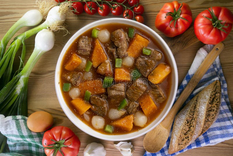 Beef Stew with Pumpkin and Green Beans. Top View Table with Decoration ...