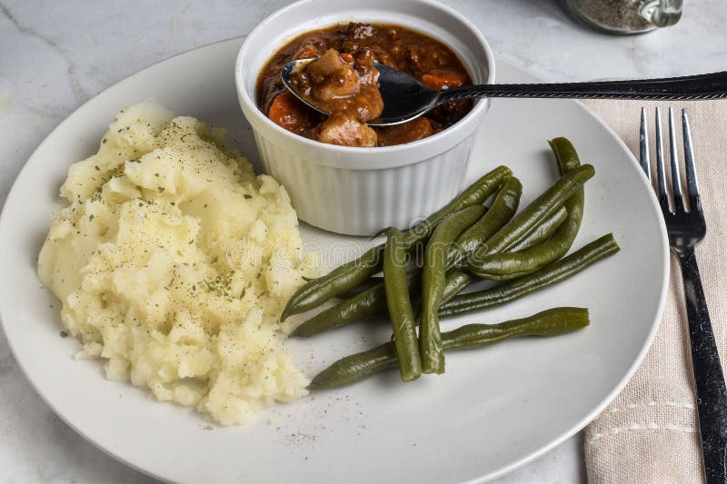 Beef Stew Served with Mash Potatoes and Green Beans Stock Photo - Image ...