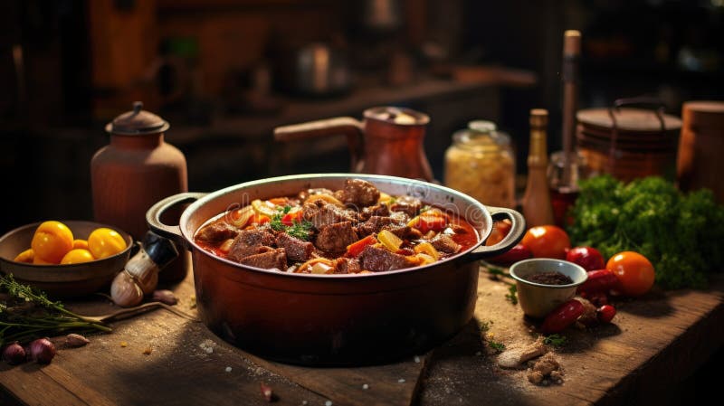 Beef Stew in a Slow-cooker, Ready To Serve. Generative AI Stock ...