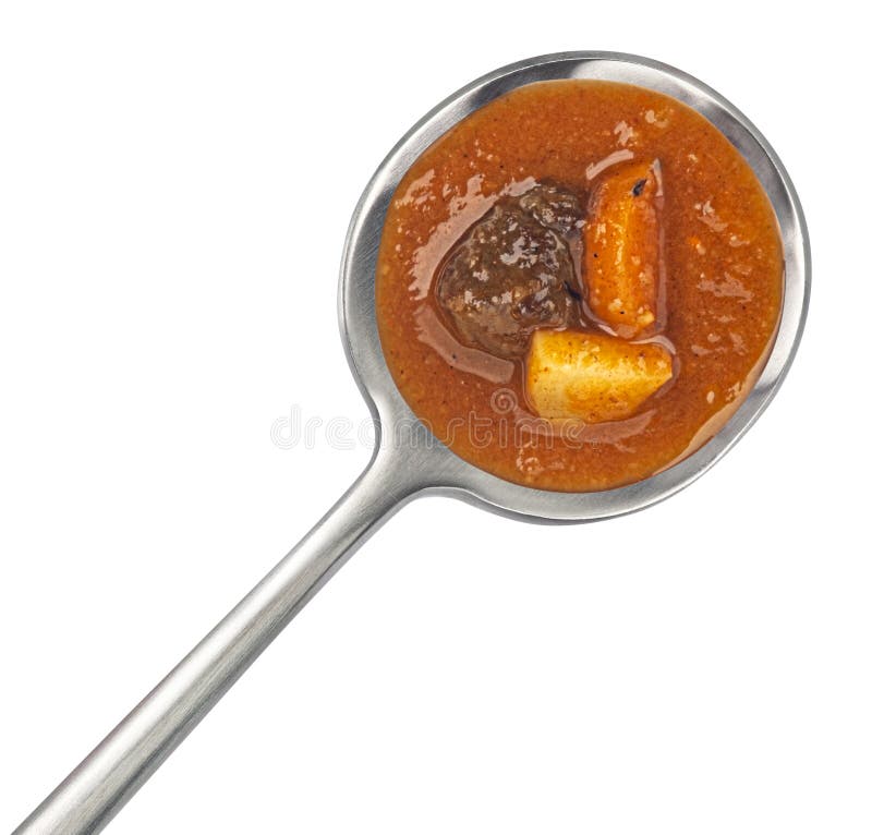 Beef Stew in Spoon Isolated on White Background, Top View Stock Image ...