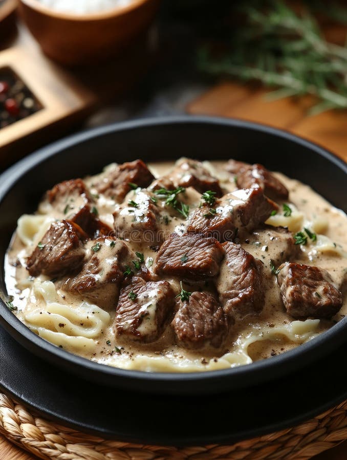 Beef Stroganoff Over Pasta in Creamy Sauce Garnished with Herbs. Stock ...