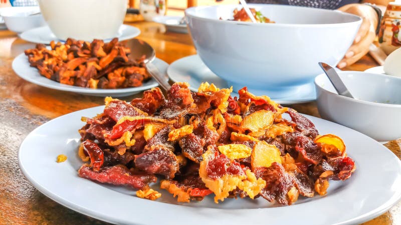 Beef Sun Dried Slice Fried on a Plate Stock Photo - Image of dish ...