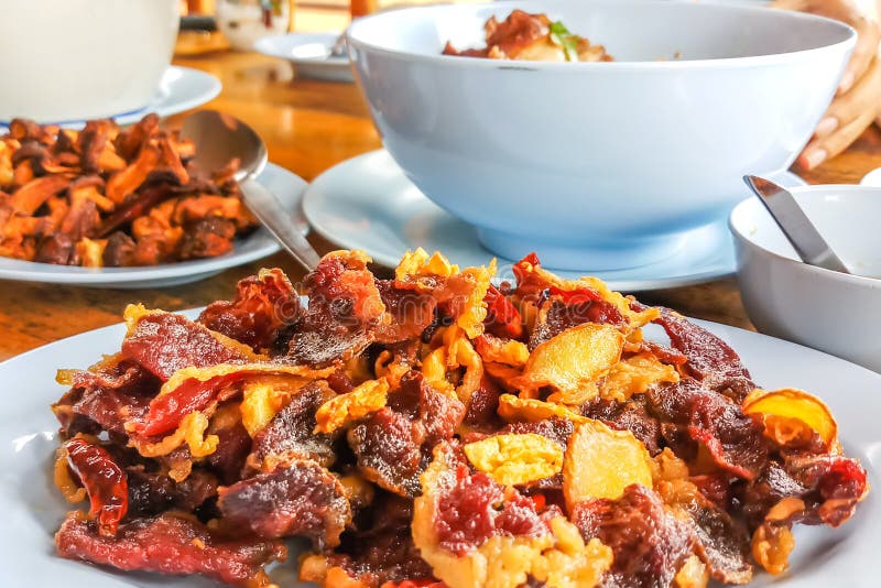 Beef Sun Dried Slice Fried on a Plate Stock Image - Image of cooking ...