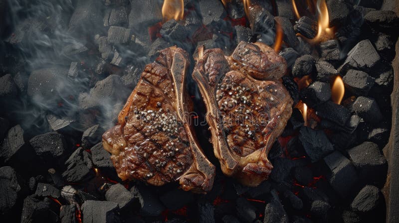 Beef T-bone Steaks Grilling Over Hot BBQ Coals, Featuring Porterhouse ... Beef T-bone Steaks Grilling Over Hot BBQ Coals, Featuring Porterhouse ...