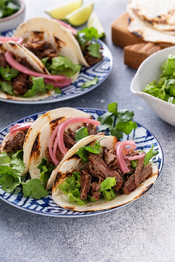 Beef Tacos with Lettuce and Pickled Red Onion Stock Image - Image of ...