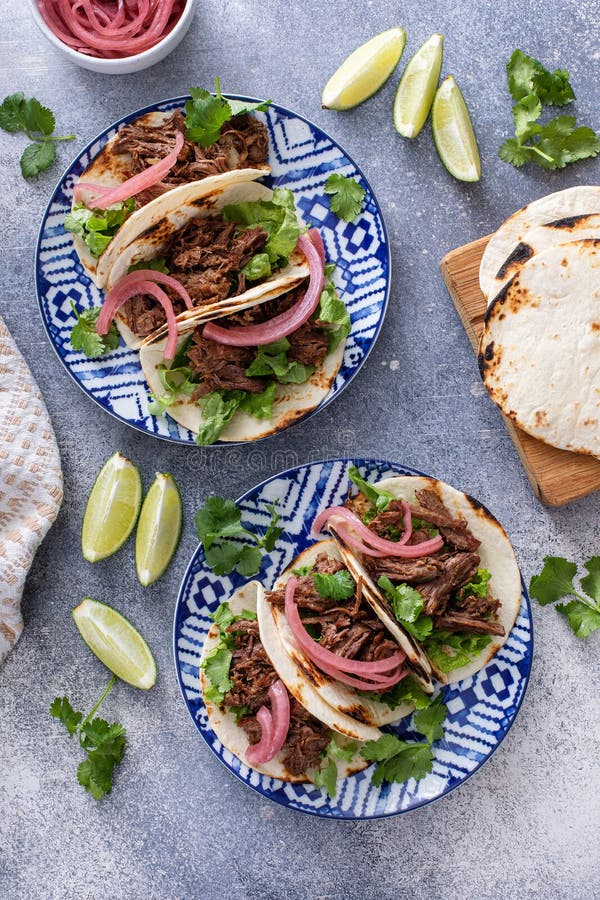 Beef Tacos with Lettuce and Pickled Red Onion Stock Image - Image of ...