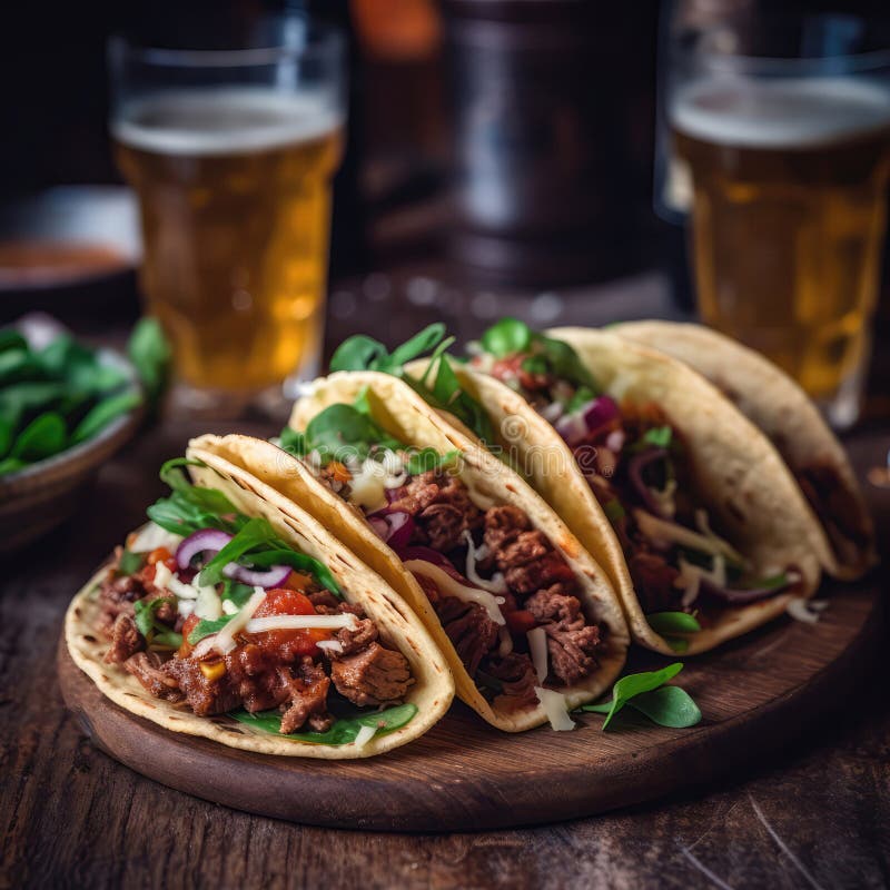 Beef Tacos on Stone in Rustic Pub. Generative AI Stock Illustration ...