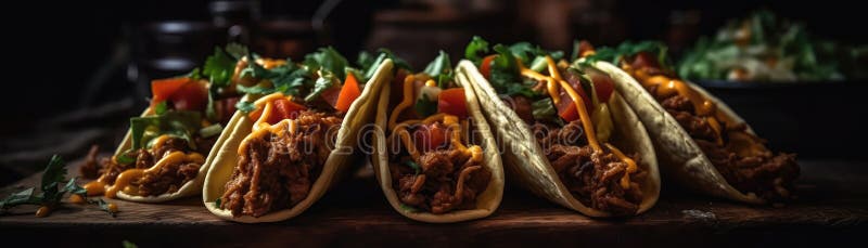 Beef Tacos on Stone Rustic Pub Wide Panoramic. Generative AI Stock ...