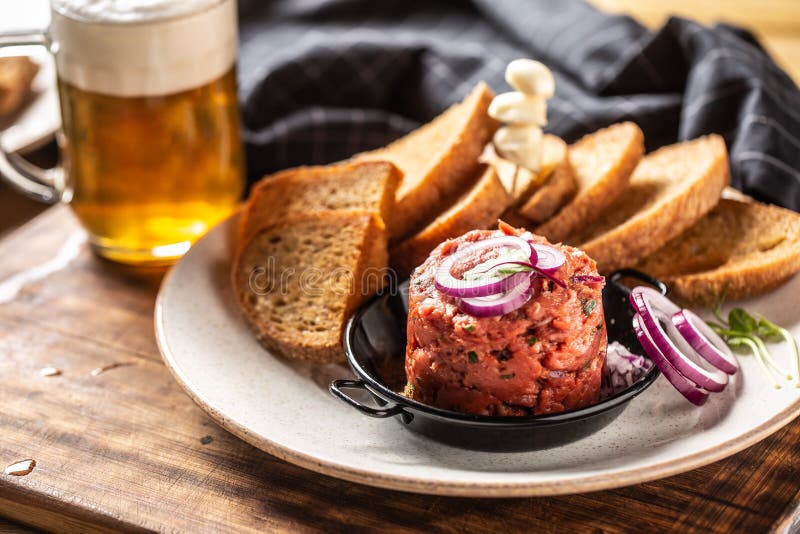 Beef Tartare with Red Onion Toast Bread Garlic and Draft Beer Stock ...