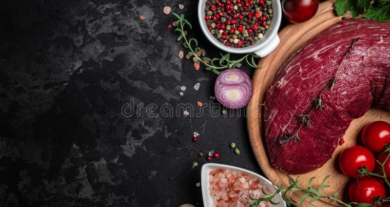 Beef Tenderloin Fillet on a Dark Background. Long Banner Format Stock ...