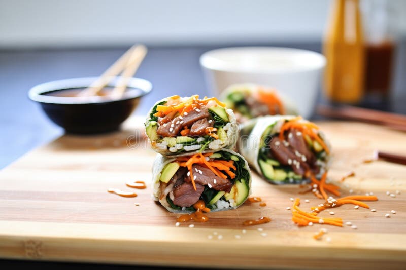Beef Teriyaki Roll-up Sandwiches with Dipping Sauce Stock Image - Image ...