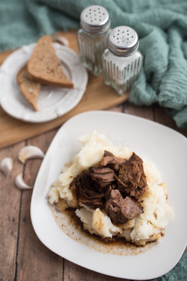 Beef Tips with Gravy on Mashed Potatoes Stock Photo - Image of beef ...