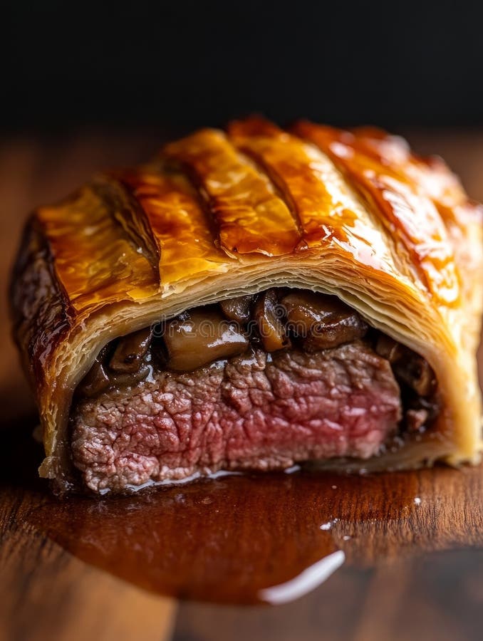 Beef Wellington Cross-section on a Wooden Surface. Stock Photo - Image ...