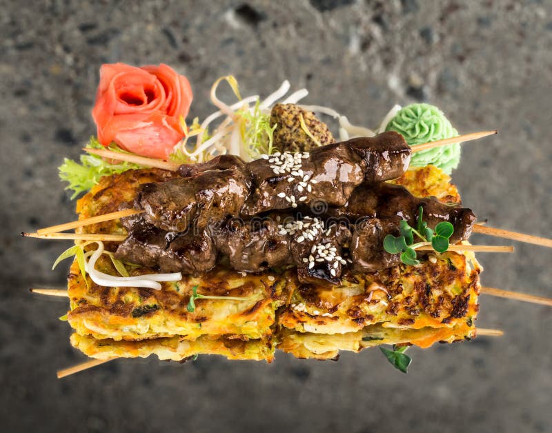 Beef yakitori skewers stock photo. Image of plate, sauce - 91949092