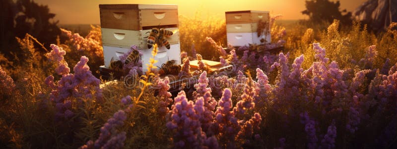 Beehive Apiary Bees and Flowers in the Meadow.Generative AI Stock ...