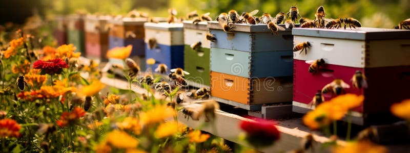 Beehive Apiary Bees and Flowers in the Meadow. Generative AI, Stock ...