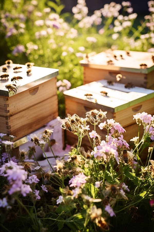 Beehive Apiary Bees and Flowers in the Meadow. Generative AI, Stock ...