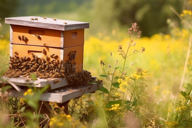Beehive with Bee Colony in a Meadow in Summer, Honey Production ...