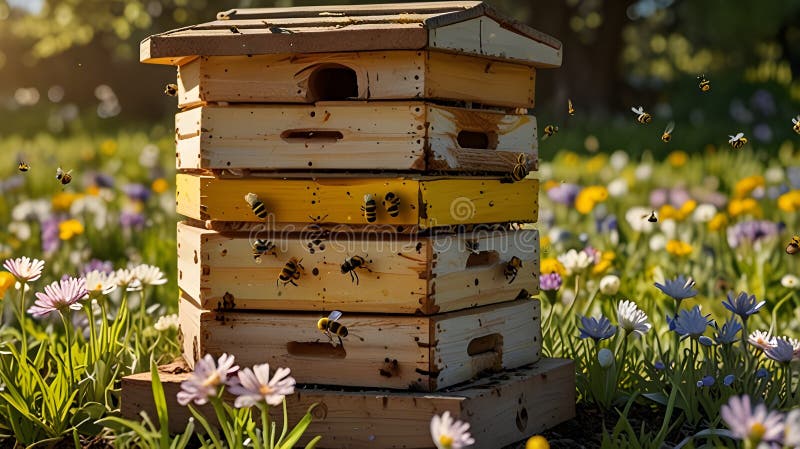A Beehive with Bees Buzzing Around Fresh Spring Flowers Stock ...