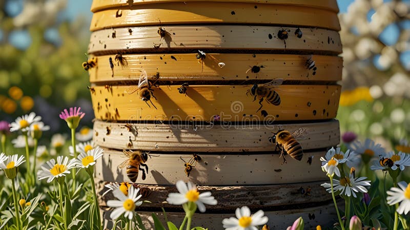 A Beehive with Bees Buzzing Around Fresh Spring Flowers Stock ...