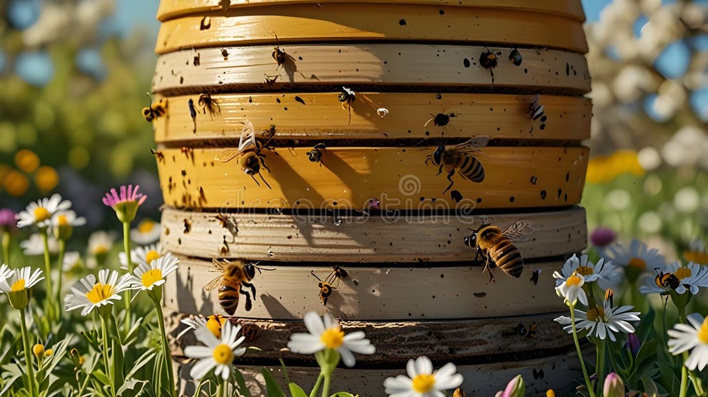 A Beehive with Bees Buzzing Around Fresh Spring Flowers Stock ...