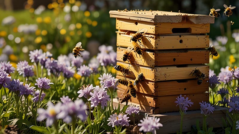 A Beehive with Bees Buzzing Around Fresh Spring Flowers Stock ...